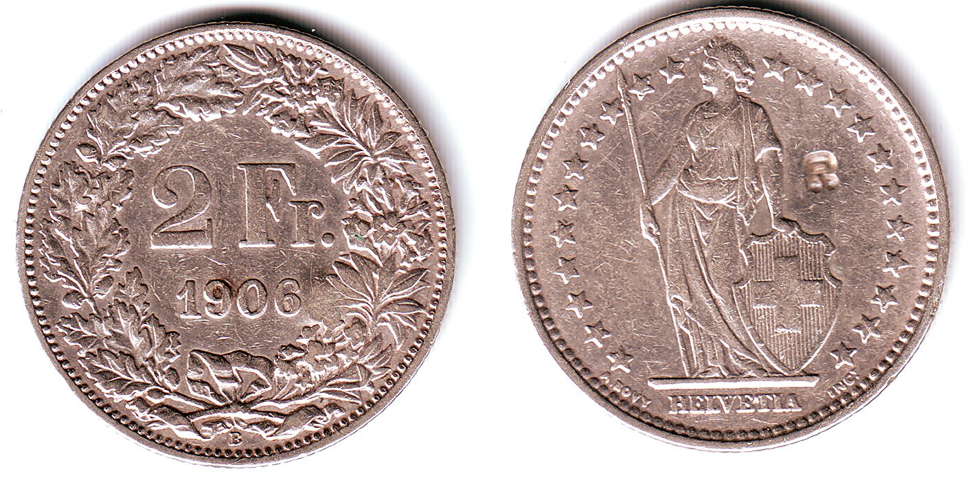 Schweiz 2 Franken 1906 B Stehende Helvetia mit Wappenschild ss mit Punze | MA-Shops