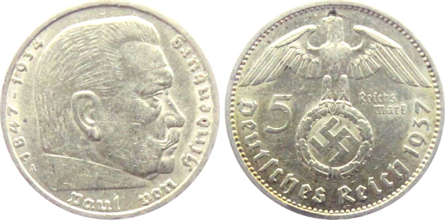 Drittes Reich 1937 A 5 Mark Hindenburg vz | MA-Shops