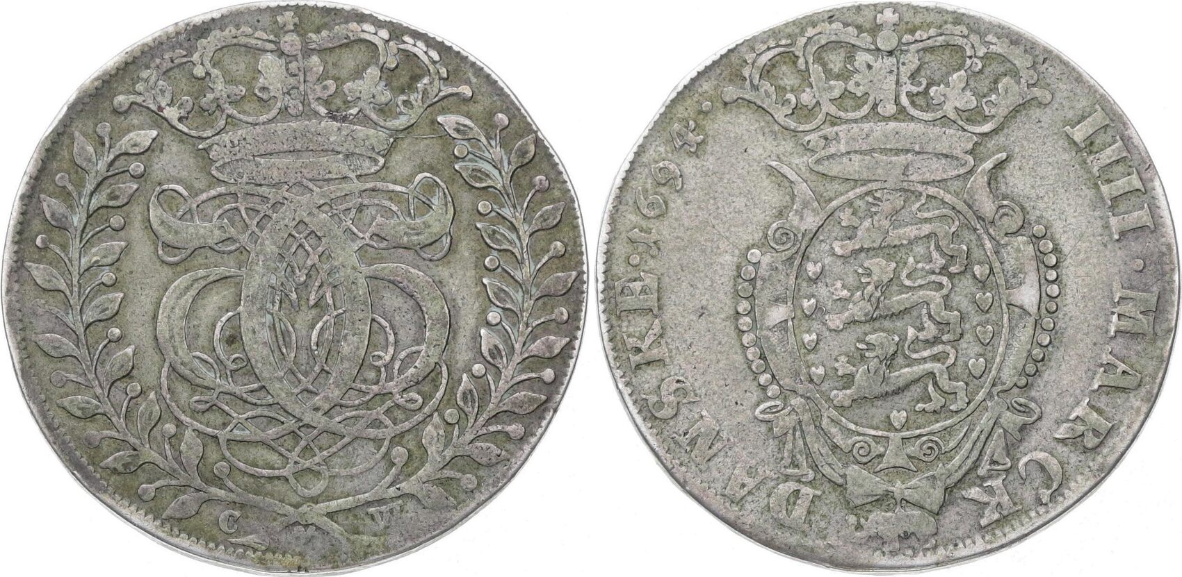 Schleswig-Holstein, Königliche Linie Krone (4 Mark) 1694 Christian V ...