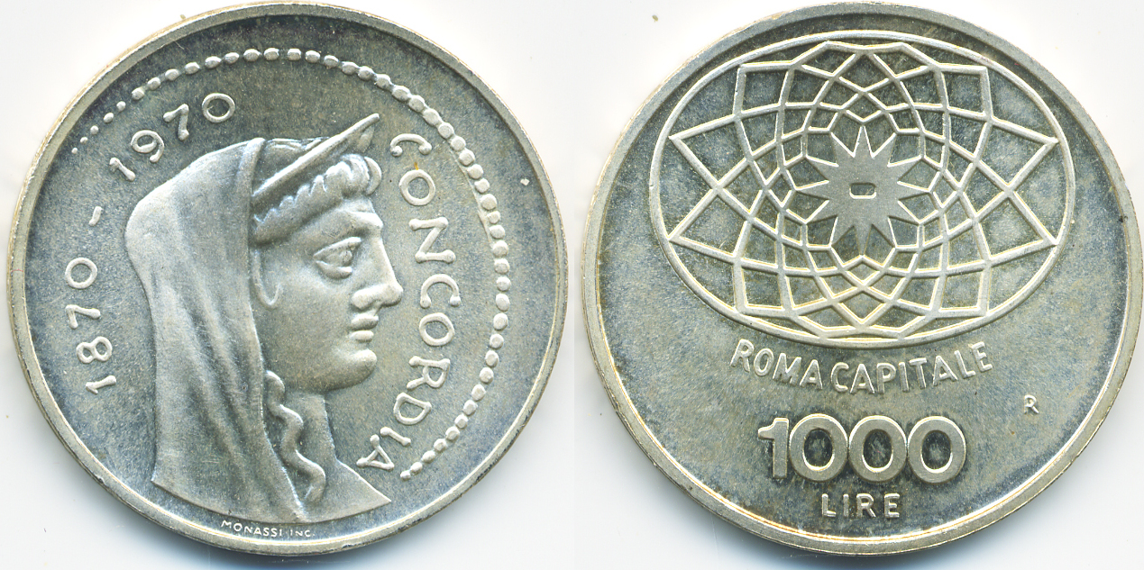 Italien - Italy 1000 Lire 1970 R Republik seit 1946 - 100 Jahre Hauptstadt Rom prägefrisch | MA ...