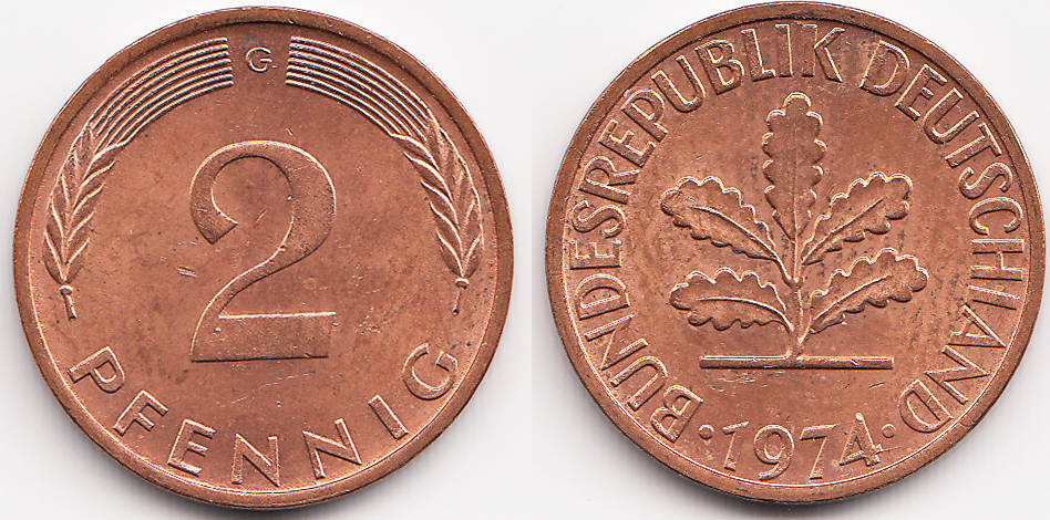 BRD 2 Pfennig 1974 G Stahl/kupferplattiert prägefrisch - minimal ...