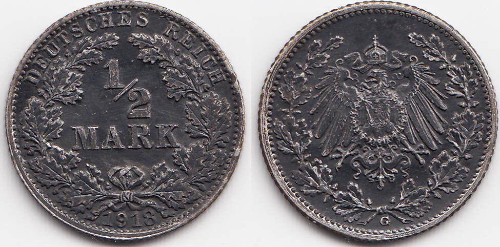 Kaiserreich 1/2 Mark 1918 G Silber prägefrisch+ - geschwärzt | MA-Shops