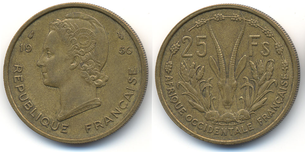 Französisch Westafrika - French West Africa 25 Francs 1956 Französische Kolonie sehr schön ...