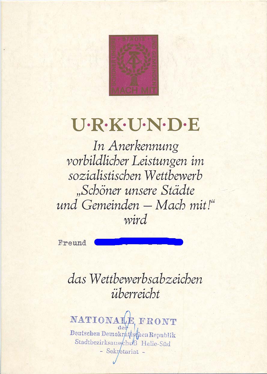 DDR ohne Jahr Urkunde Nationale Front "Schöner unsere Städte – Mach mit ...