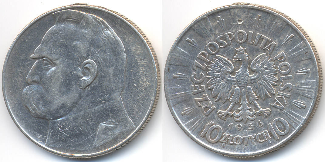 Polen - Poland 10 Zloty 1936 Zweite Republik 1918-1939 - Pilsudski sehr schön - Henkelspur | MA ...