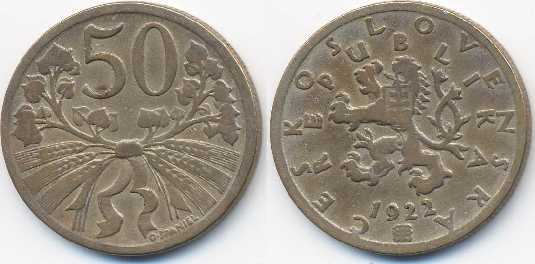Tschechoslowakei - Czechoslovakia 50 Heller 1922 Erste Republik knapp sehr schön | MA-Shops