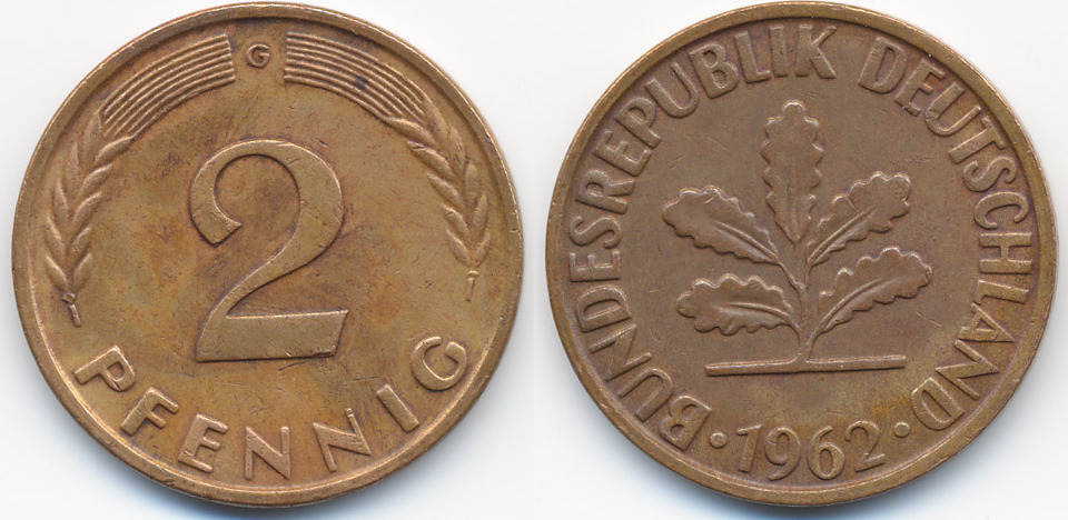 BRD 2 Pfennig 1962 G Kupfer sehr schön+ - leicht gereinigt | MA-Shops