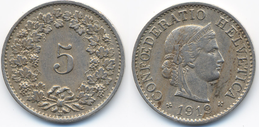 Schweiz - Switzerland 5 Rappen 1919 B Eidgenossenschaft - Doppelsenkung ...