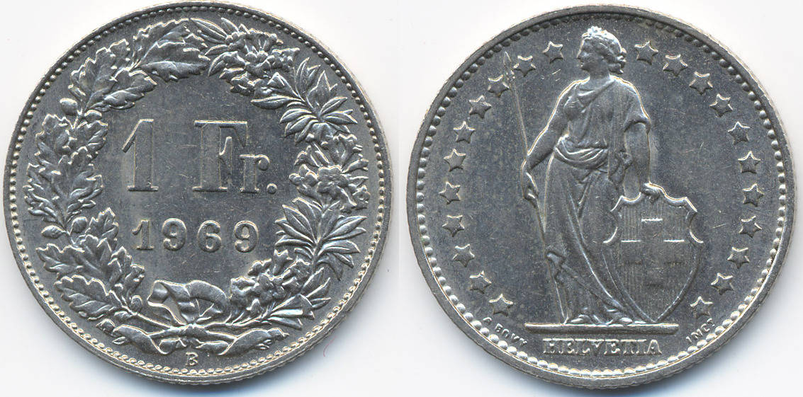 Schweiz - Switzerland 1 Franken 1969 B Eidgenossenschaft prägefrisch ...