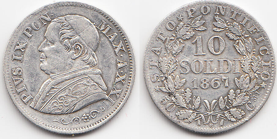 Vatikan - Vatican 10 Soldi 1867 R Kirchenstaat Pius IX. sehr schön+ | MA-Shops