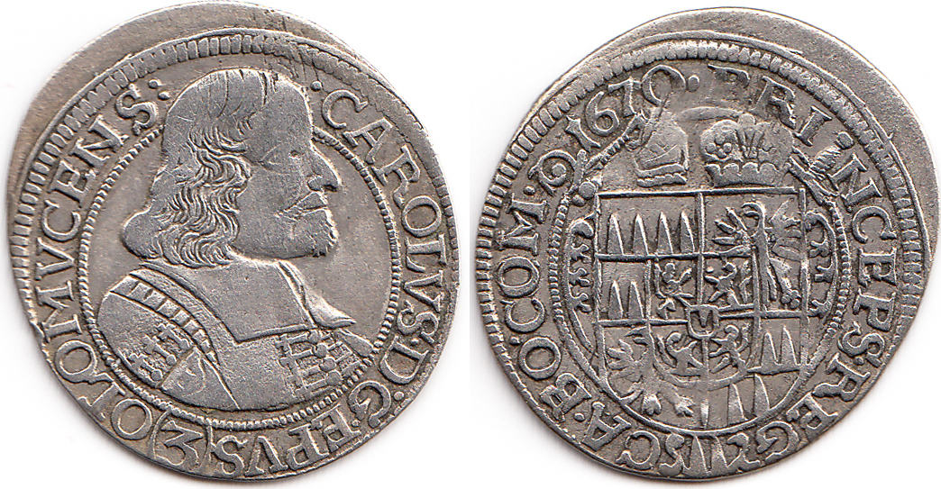 Olmütz-Bistum 3 Kreuzer 1670 Karl von Lichtenstein 1664-1695 sehr schön+ | MA-Shops