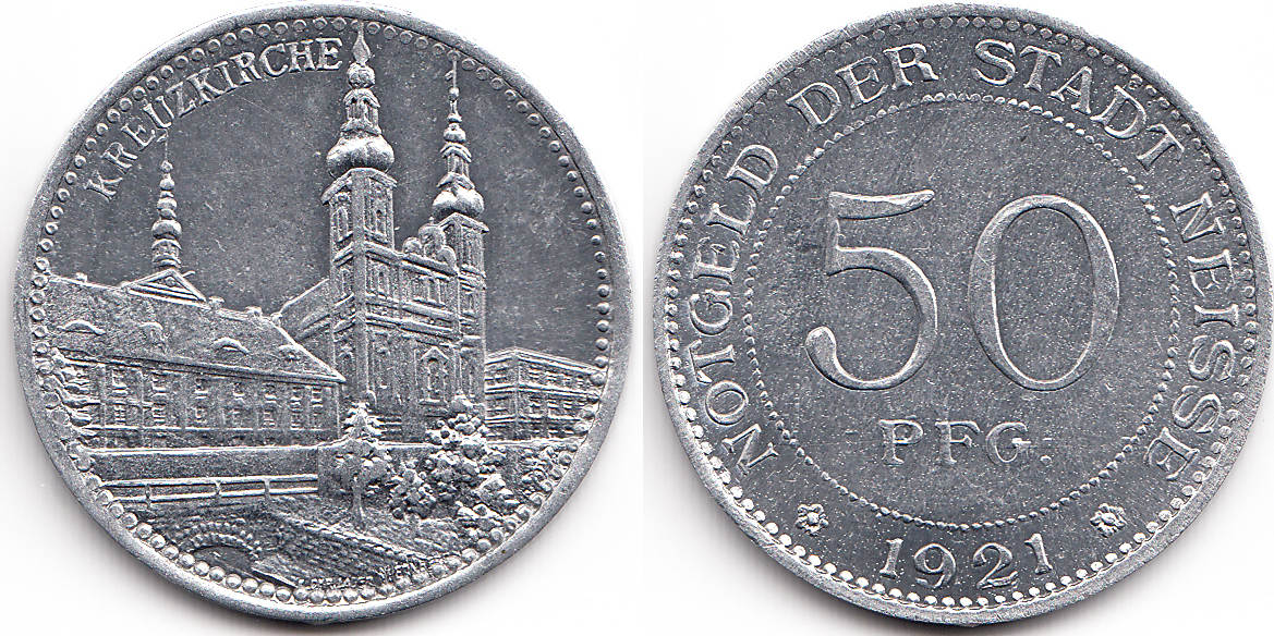 Schlesien 50 Pfennig Neisse - Aluminium 1921 (Funck 360.3d) Kreuzkirche ...