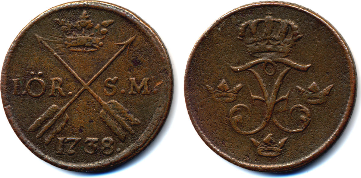 Schweden - Sweden 1 Oere 1738 SM Friedrich I. 1720-1751 sehr schön ...