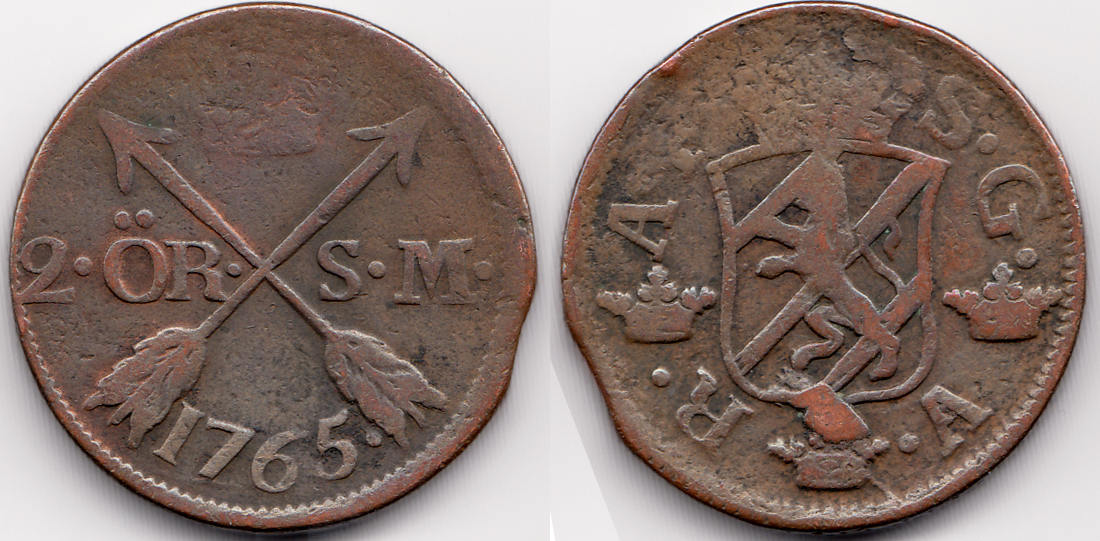 Schweden - Sweden 2 Oere 1765 SM Adolf Friedrich 1751-1771 schön/sehr ...