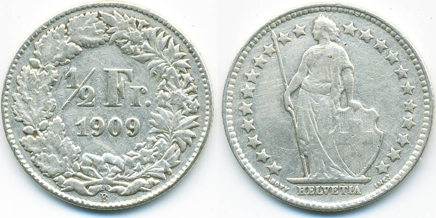 Schweiz - Switzerland 1/2 Franken 1909 B Eidgenossenschaft sehr schön | MA-Shops