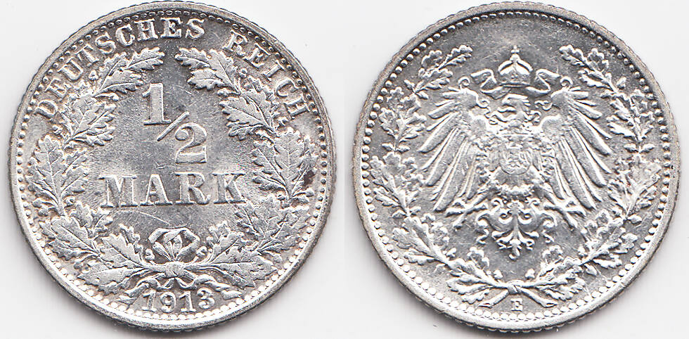 Kaiserreich 1/2 Mark 1913 E Silber prägefrisch/stempelglanz | MA-Shops