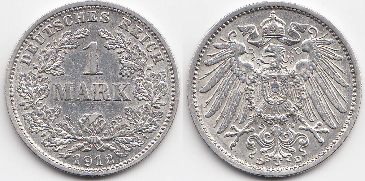 Kaiserreich 1 Mark 1912 D großer Adler - Silber fast vorzüglich | MA-Shops