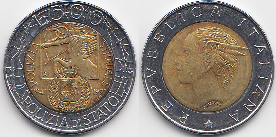 Italien - Italy 500 Lire 1997 R Republik seit 1946 - Polizia di Stato fast vorzüglich | MA-Shops