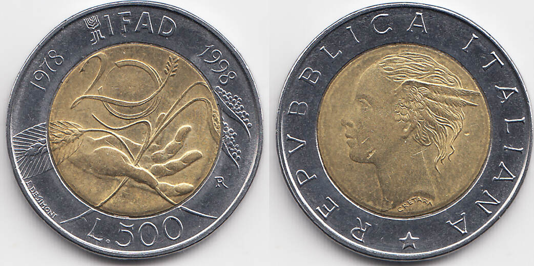 Italien - Italy 500 Lire 1998 R Republik seit 1946 - IFAD vorzüglich+ - winziger ...