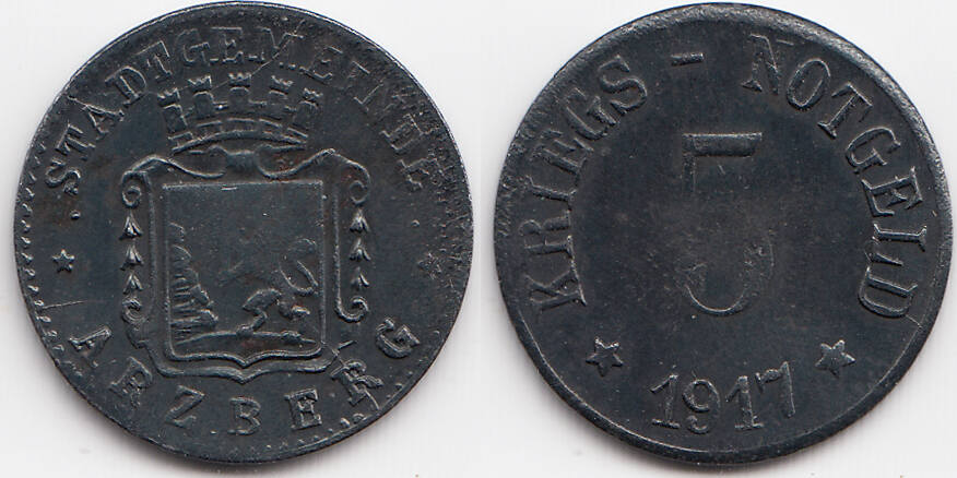 Bayern 5 Pfennig Arzberg - Eisen 1917 (Funck 22.5c) Notgeld sehr schön ...