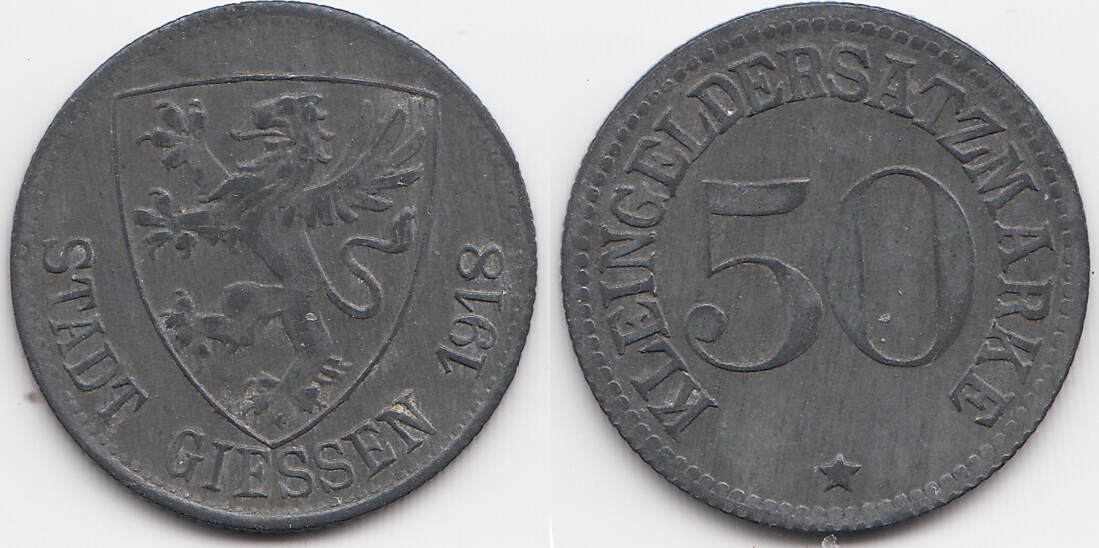 Hessen 50 Pfennig Giessen - Zink 1918 (Funck 159.2b) fast vorzüglich ...
