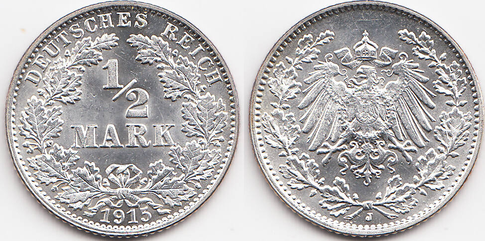 Kaiserreich 1/2 Mark 1915 J Silber stempelglanz | MA-Shops