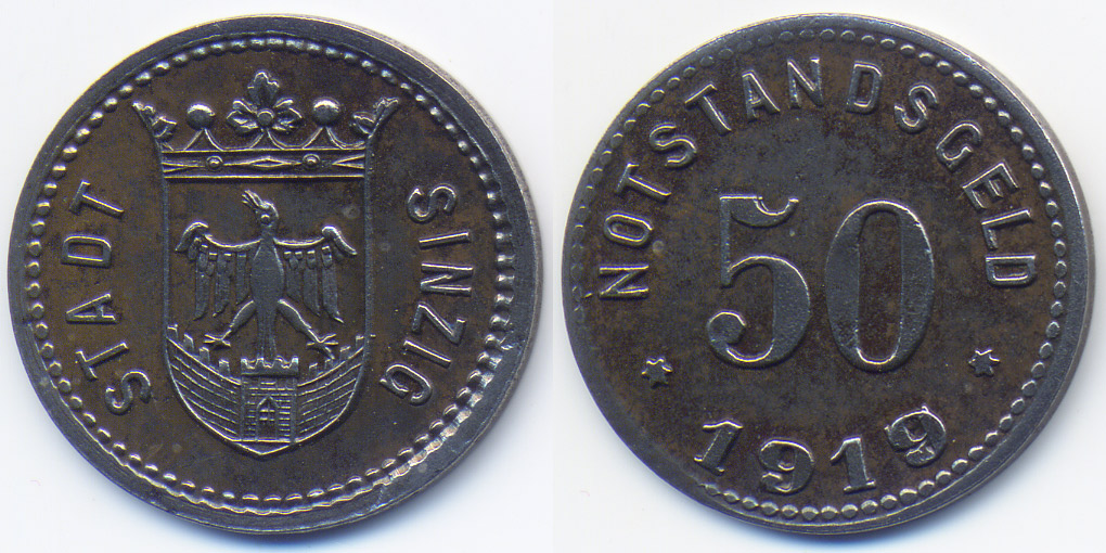 Rheinprovinz 50 Pfennig Sinzig - Eisen 1919 (Funck 502.6Ab) sehr schön ...