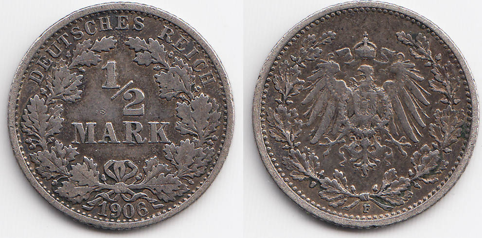 Kaiserreich 1/2 Mark 1906 F Silber sehr schön | MA-Shops