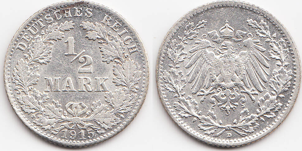 Kaiserreich 1/2 Mark 1915 D Silber fast vorzüglich | MA-Shops