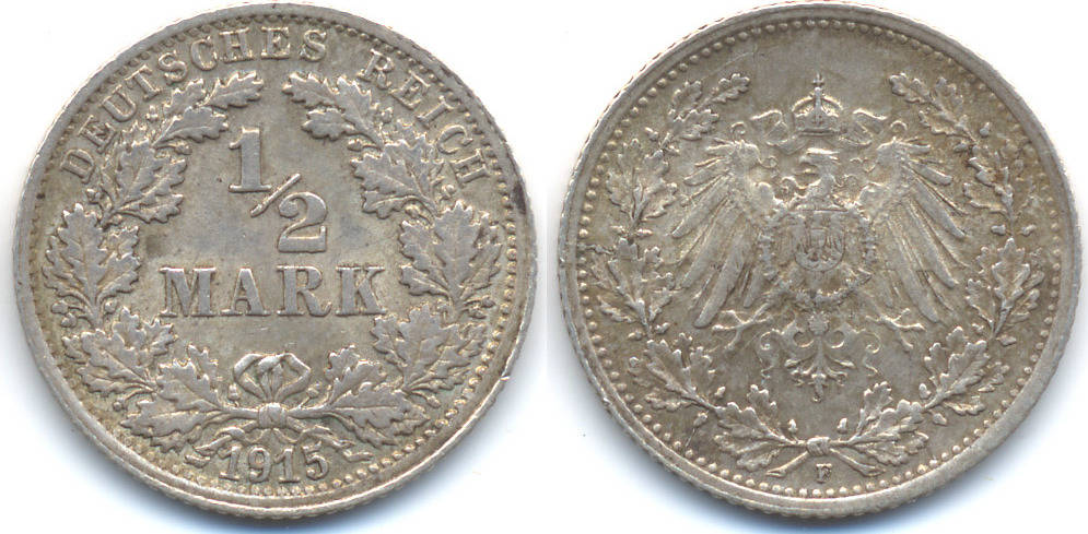 Kaiserreich 1/2 Mark 1915 F Silber vorzüglich und besser | MA-Shops