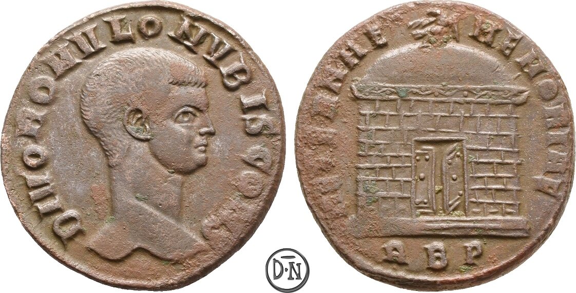 Divus Romulus (+ 309) Follis 309-310 n. Chr. Roma, Kopf / Rundtempel ...