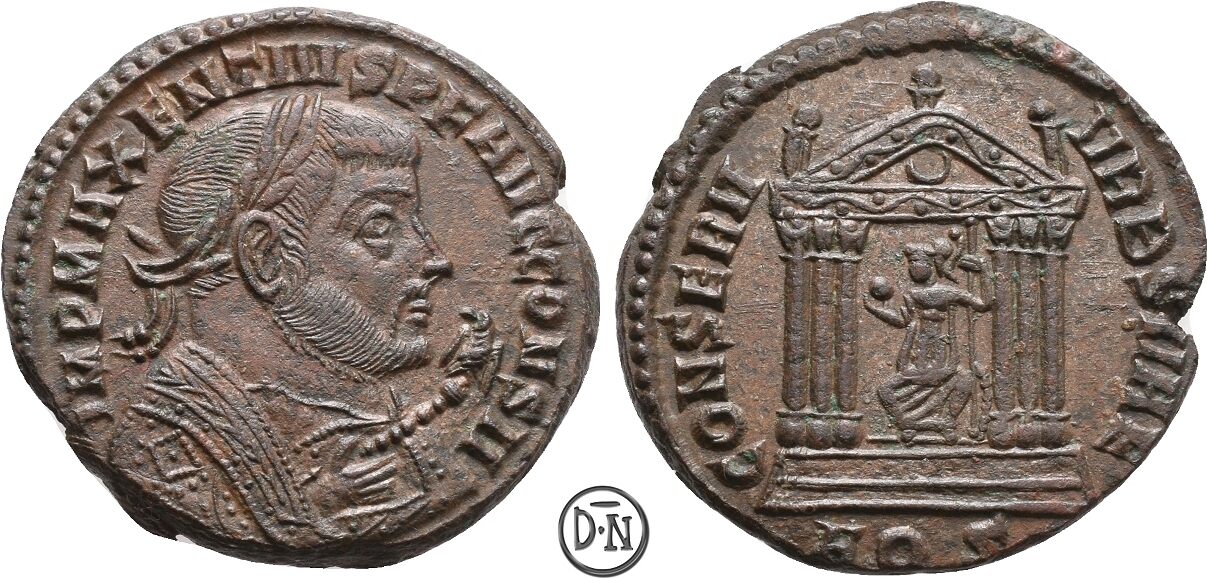 Maxentius (306-312) Follis 309 n. Chr. Aquileia, Büste / Romatempel ...