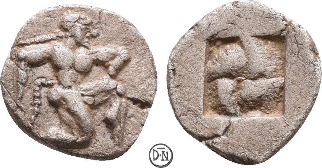 Thasos (Thracia) Diobol ca. 525-463 v. Chr. Ithyphallischer Satyr im ...