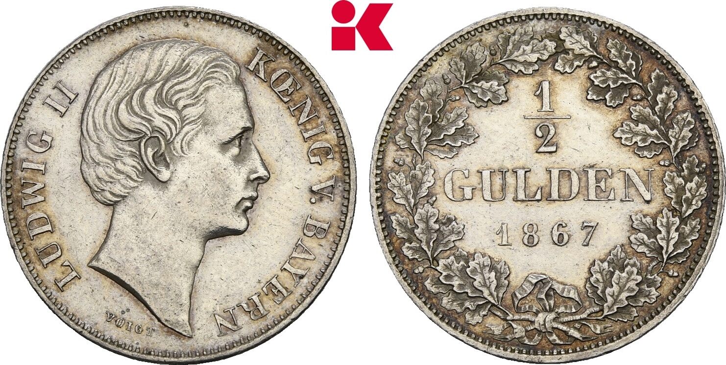 BAYERN 1/2 Gulden 1867. Ludwig II., 1864-1886. Sehr schön + | MA-Shops