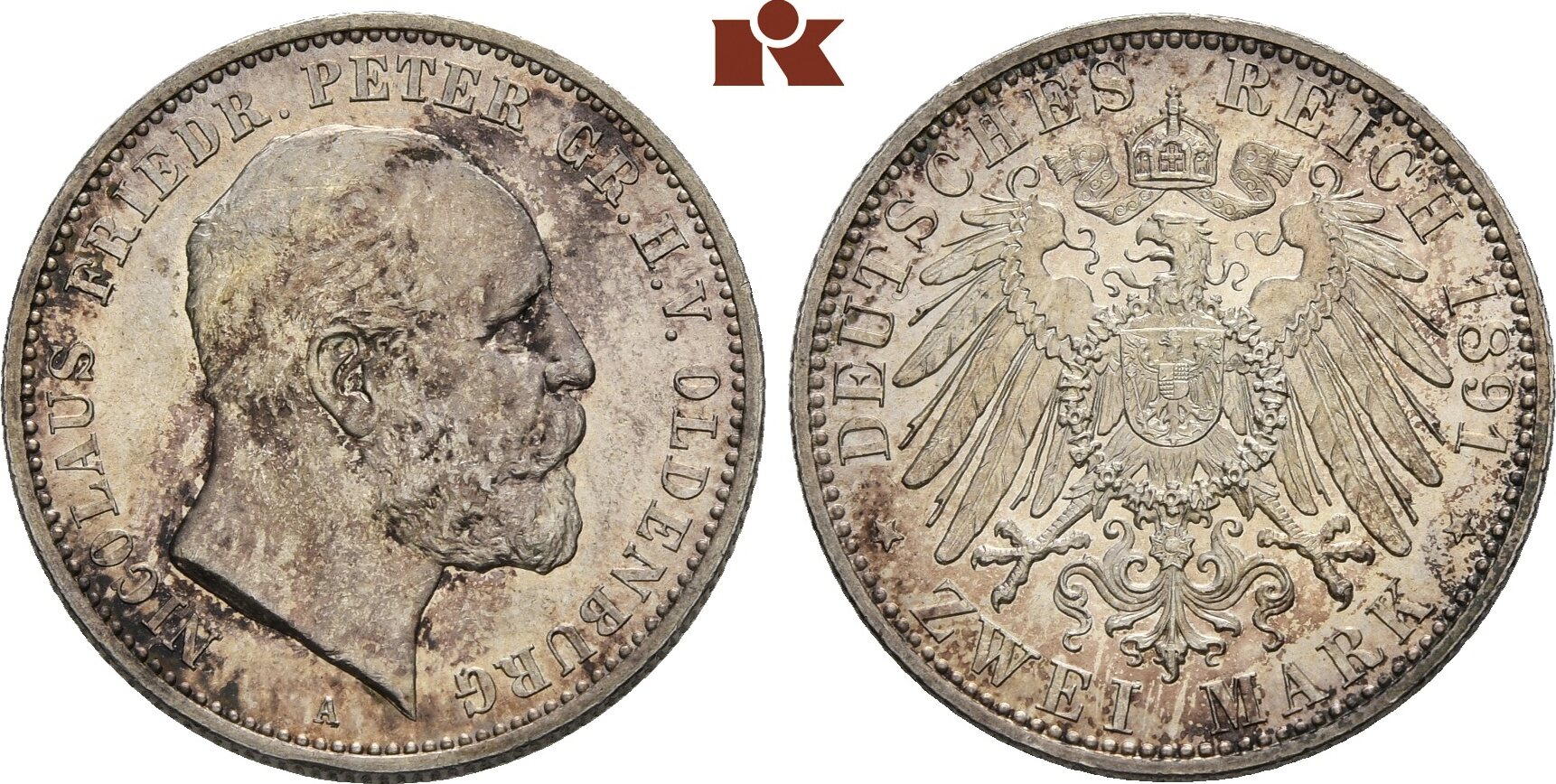 OLDENBURG 2 Mark 1891. Nicolaus Friedrich Peter, 1853-1900. Vorzüglich-Stempelglanz, kl. Kratzer ...
