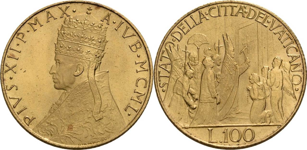 Vatikan 100 Lire, Rom 1950 Pius XII., 1939-1958 vz+, Auflage 4000 Exemplare! | MA-Shops