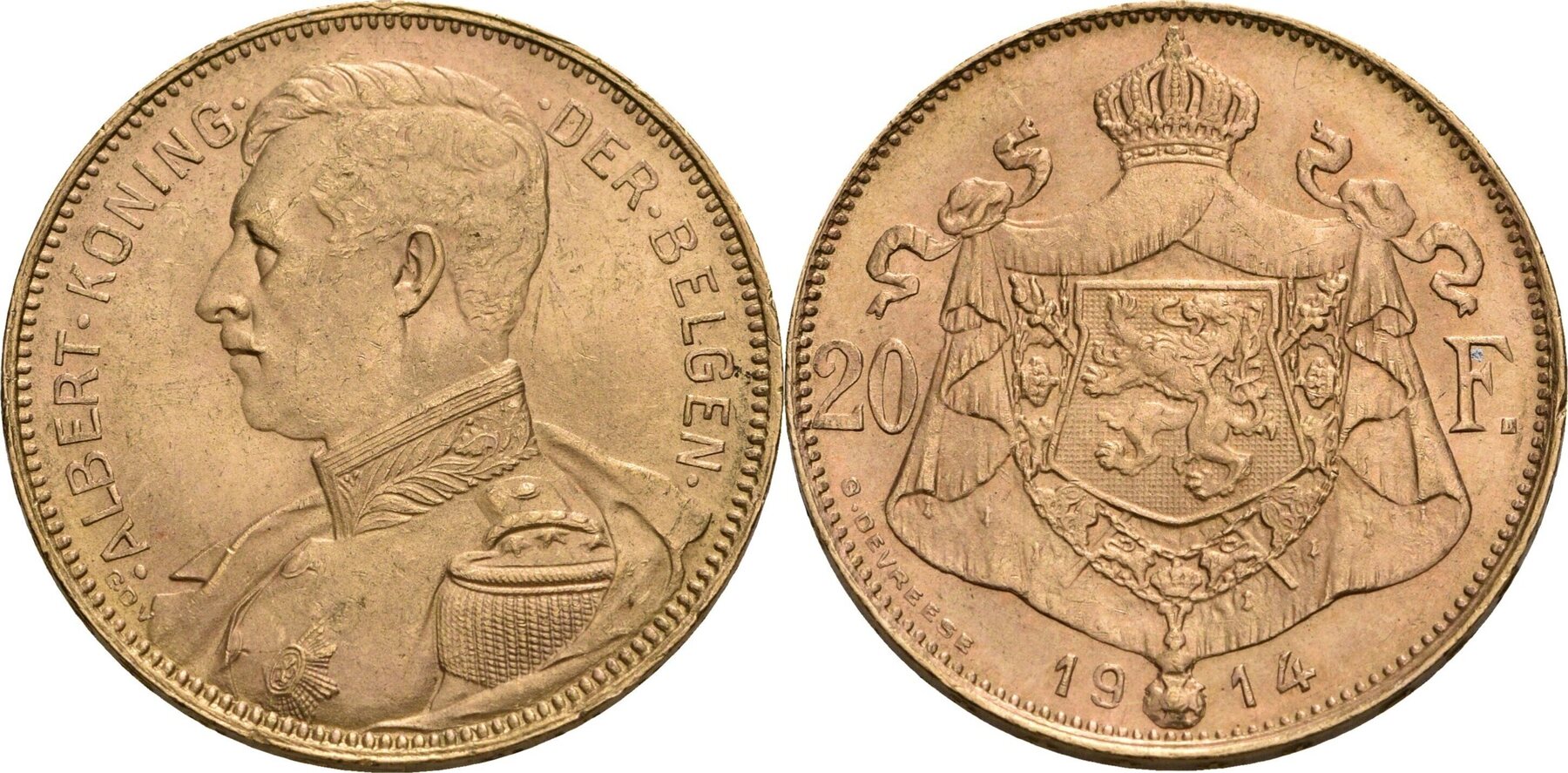Belgien 20 Francs, Brüssel 1914 Albert I., 1909-1934 vz, min ...