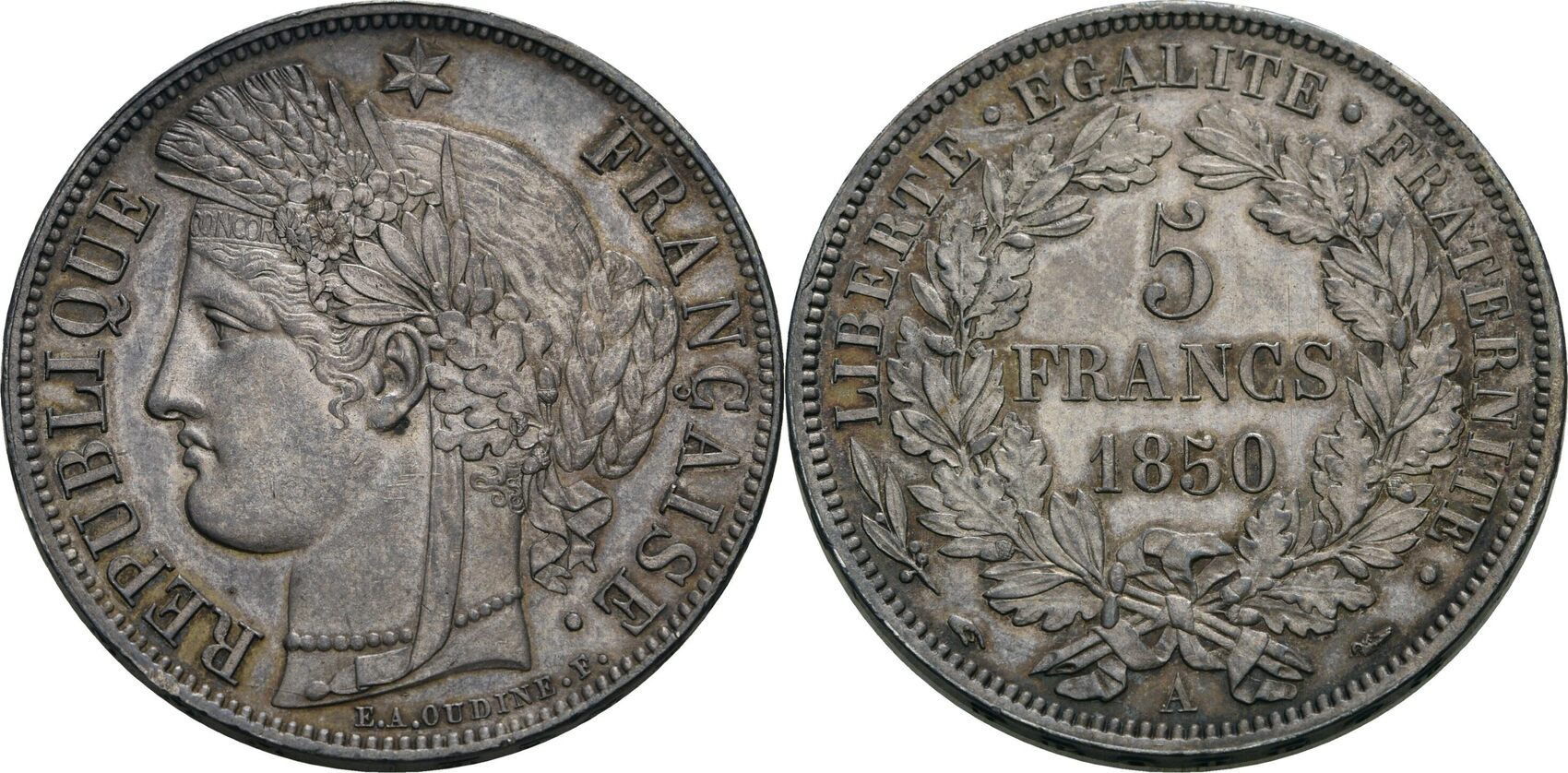 Frankreich 5 Francs A, Paris 1850 2. Republik, 1848-1852 fast vz, winz. Kratzer, dunkle Tönung ...