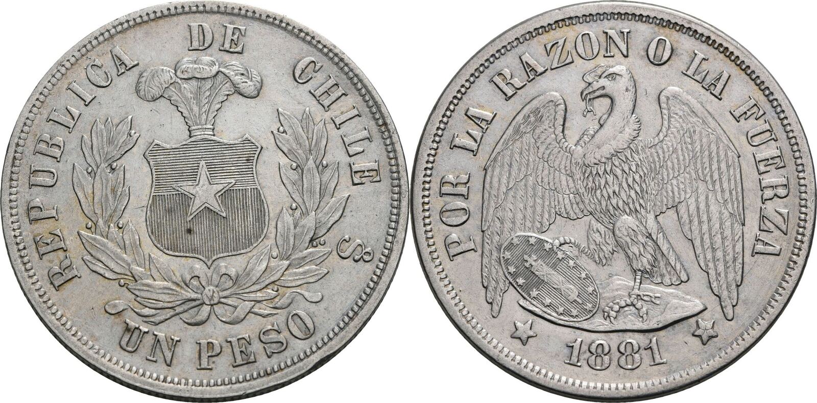 Chile, Republik Peso 1881 ss, l. Randfehler, min. berieben | MA-Shops