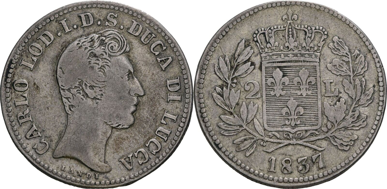 Italien, Lucca 2 Lire 1837 Carl Ludwig von Bourbon, 1824-1847 s-ss | MA ...
