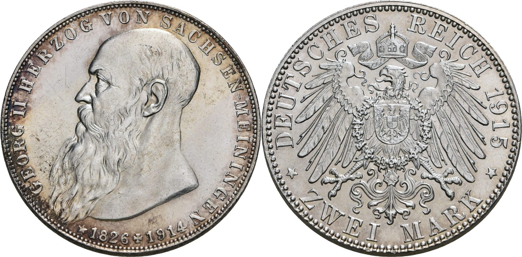 Sachsen-Meiningen 2 Mark, München 1915 Georg II., 1866-1914 vz-St., Vs. winz. Kratzer, f. Tönung ...