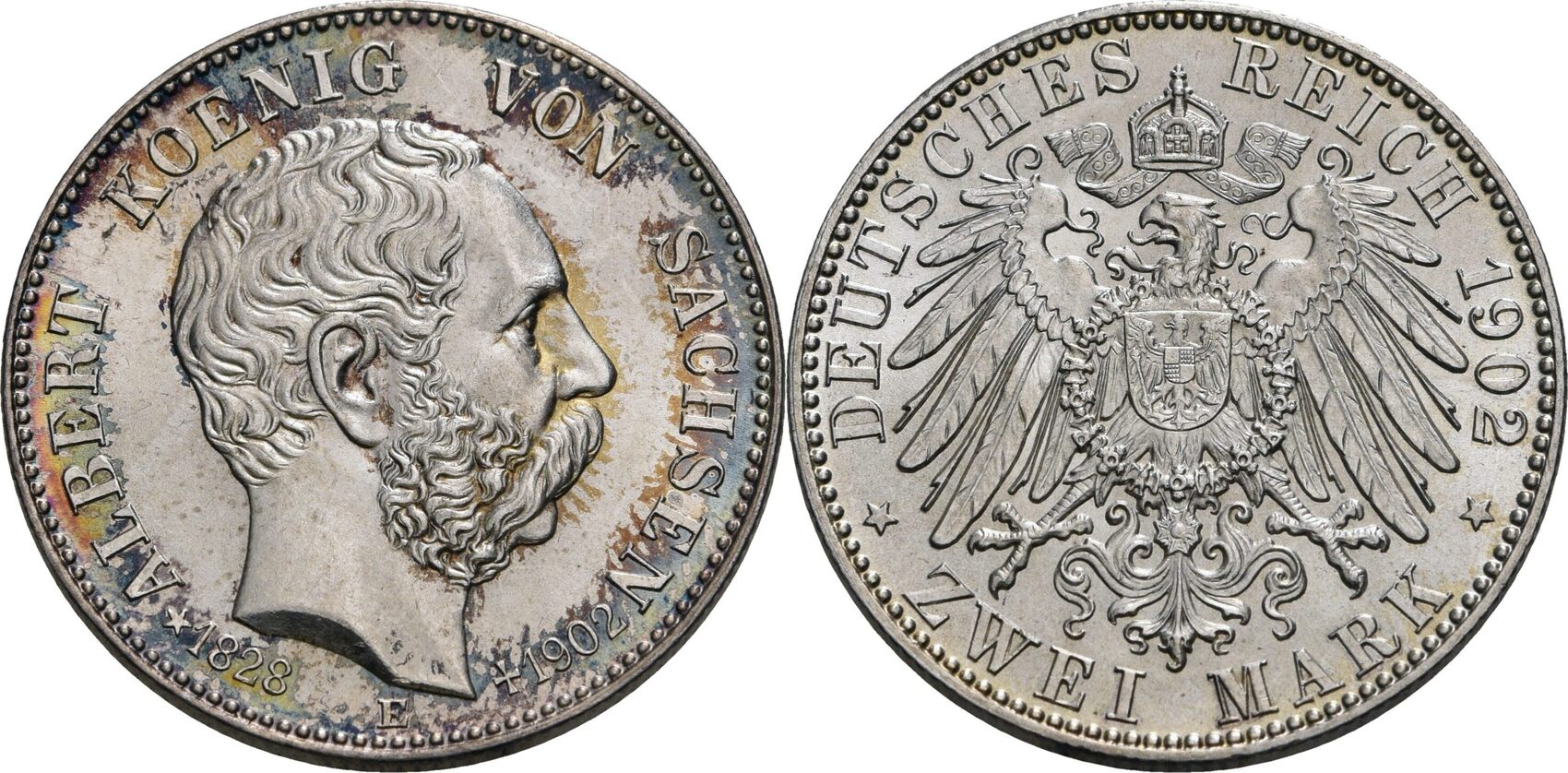 Sachsen 2 Mark E, Muldenhütten 1902 Albert, 1873-1902 St., Vs. getönt ...