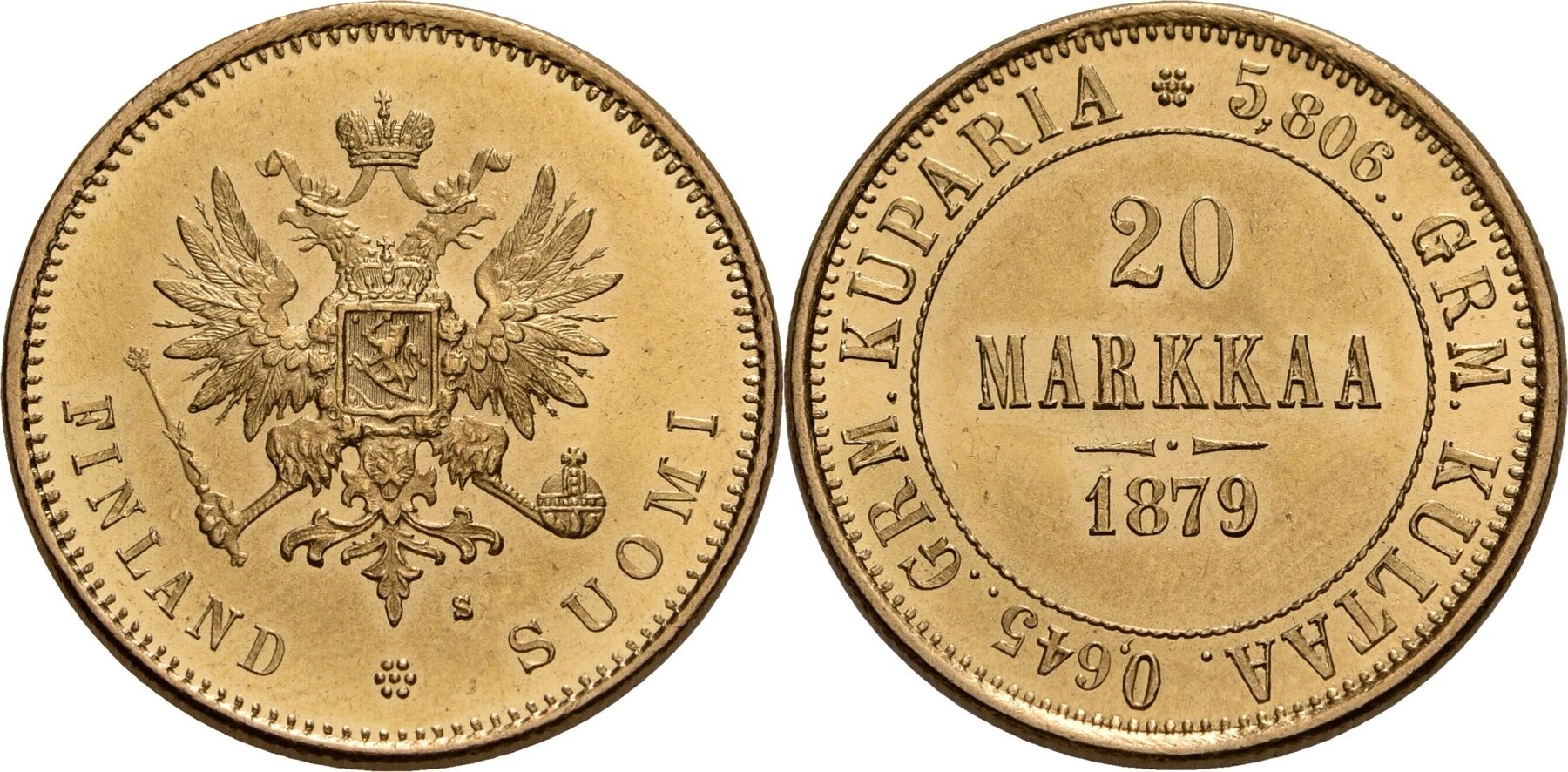 Finnland 20 Markkaa S, Helsinki 1879 Alexander II. von Russland, 1855-1881 vz+, winz. Kratzer ...