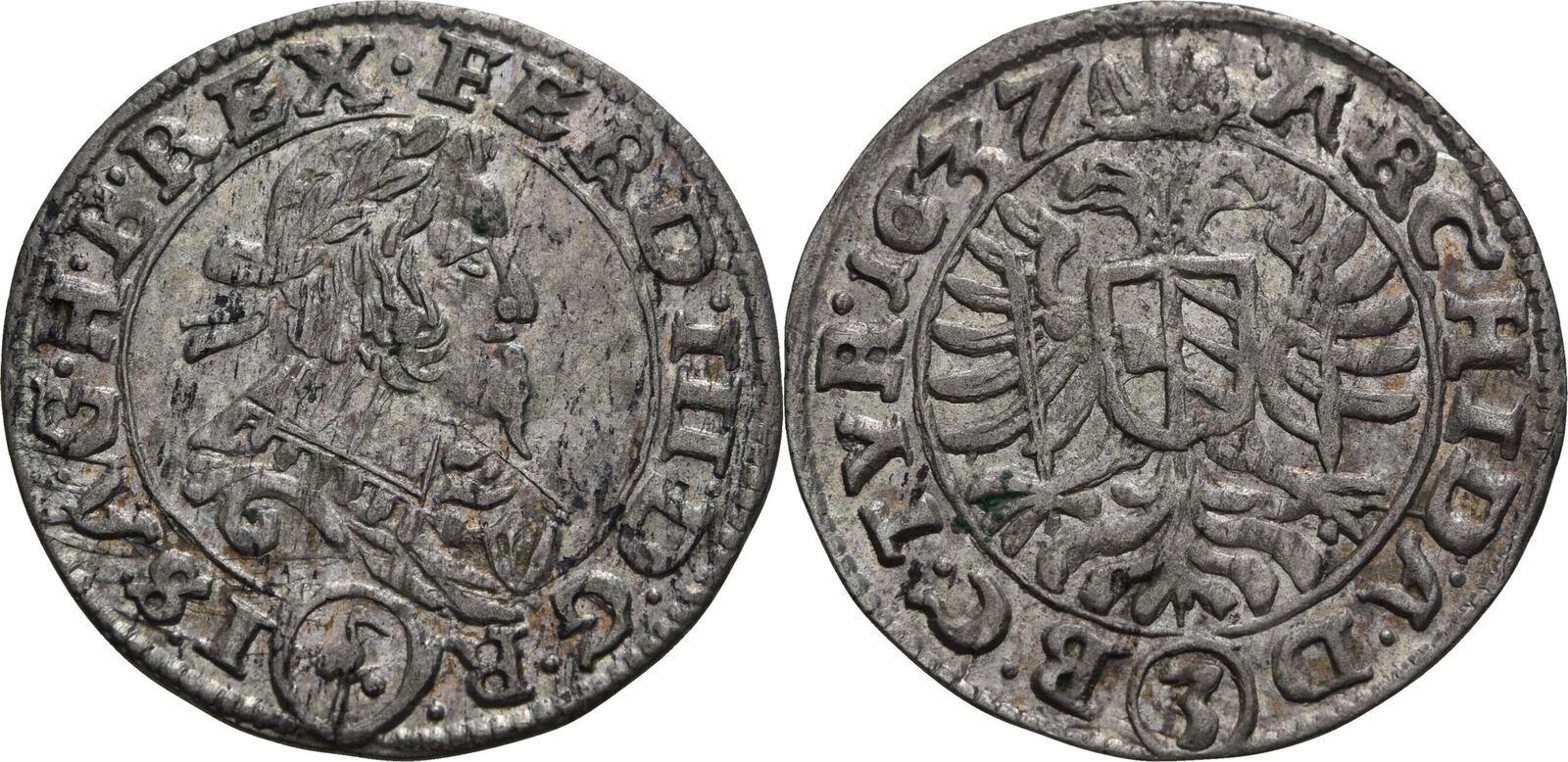 RDR Groschen (3 Kreuzer), Wien 1637 Ferdinand III., 1625-1637-1657 vz, min. Schrötlingsfehler ...