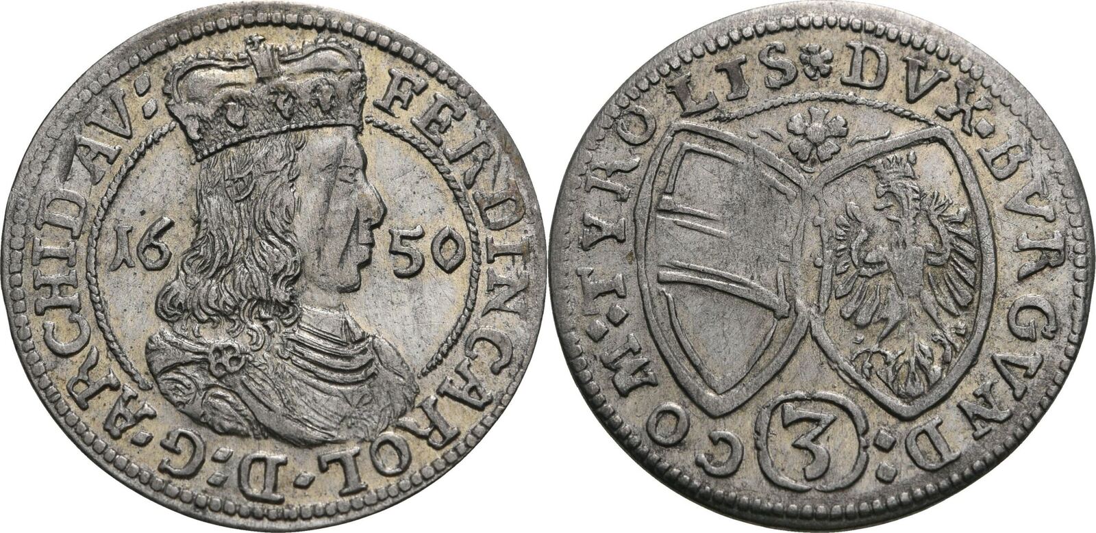 RDR Groschen (3 Kreuzer), Hall 1650 Erzherzog Ferdinand Karl, 1632-1662 vz, min ...