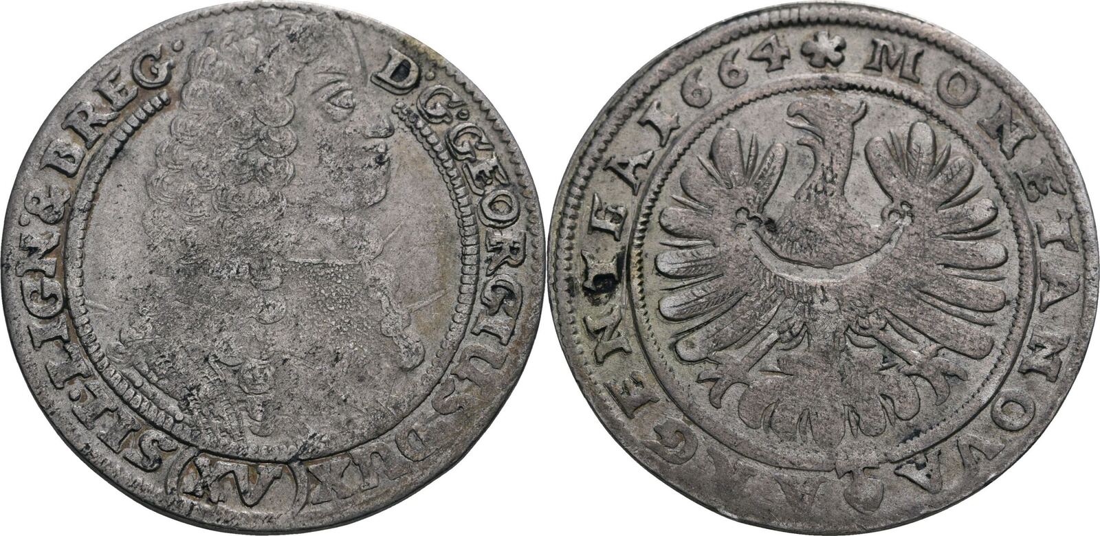 Liegnitz-Brieg 15 Kreuzer, Brieg 1664 Georg III., 1639-1664 ss, winz ...