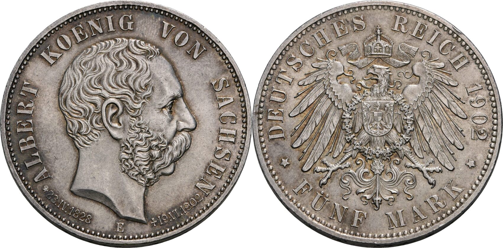 Sachsen 5 Mark E, Muldenhütten 1902 Albert, 1873-1902 vz, winz. Kratzer ...
