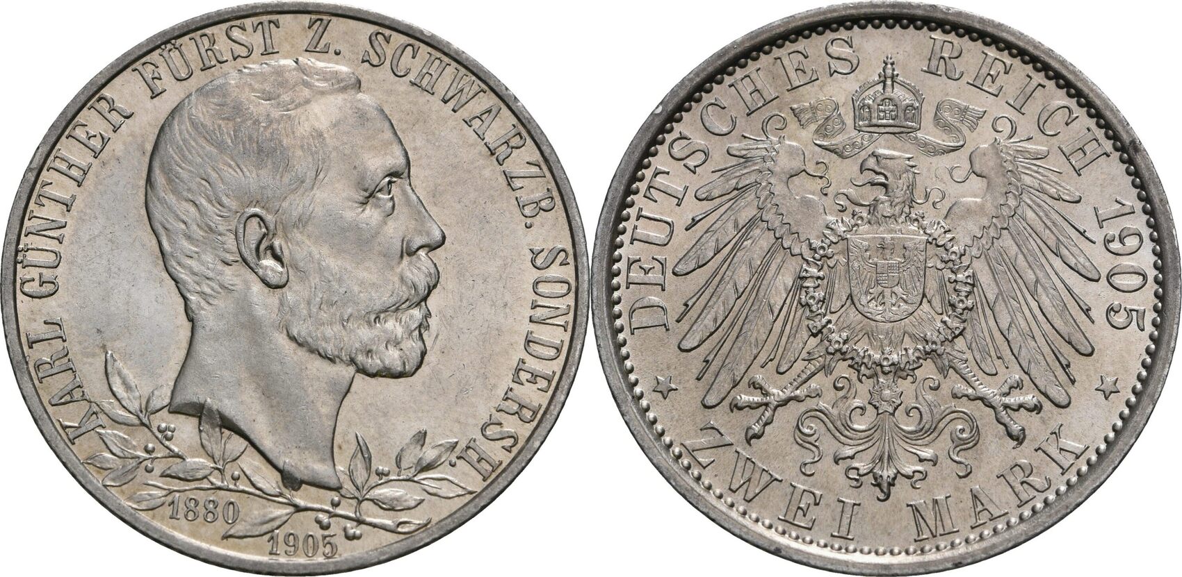 Schwarzburg-Sondershausen 2 Mark, Berlin 1905 Karl Günther, 1880-1909 vz-St., winz. Kratzer und ...