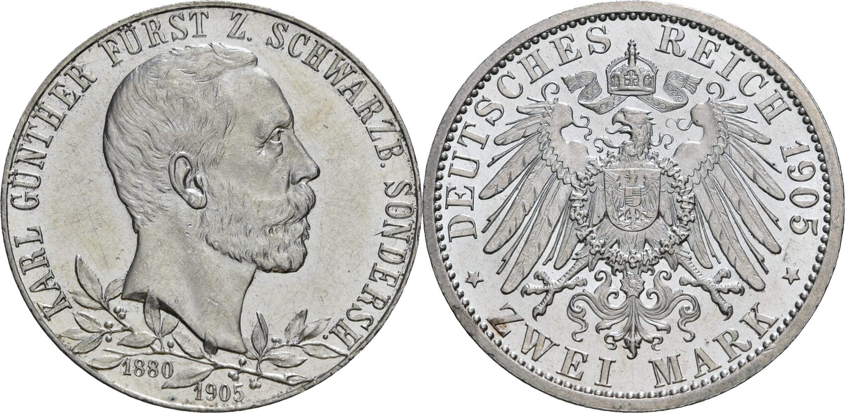 Schwarzburg-Sondershausen 2 Mark, Berlin 1905 Karl Günther, 1880-1909 vz/St., Vs. min. berieben ...