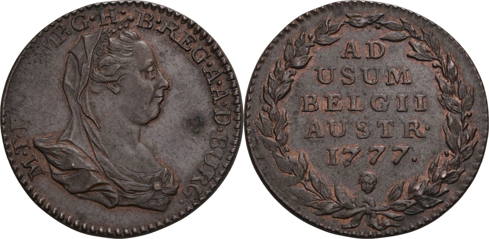 RDR Kupfer-2 Liards, Brüssel 1777 Maria Theresia, 1740-1780 ss, winz. Fleck | MA-Shops